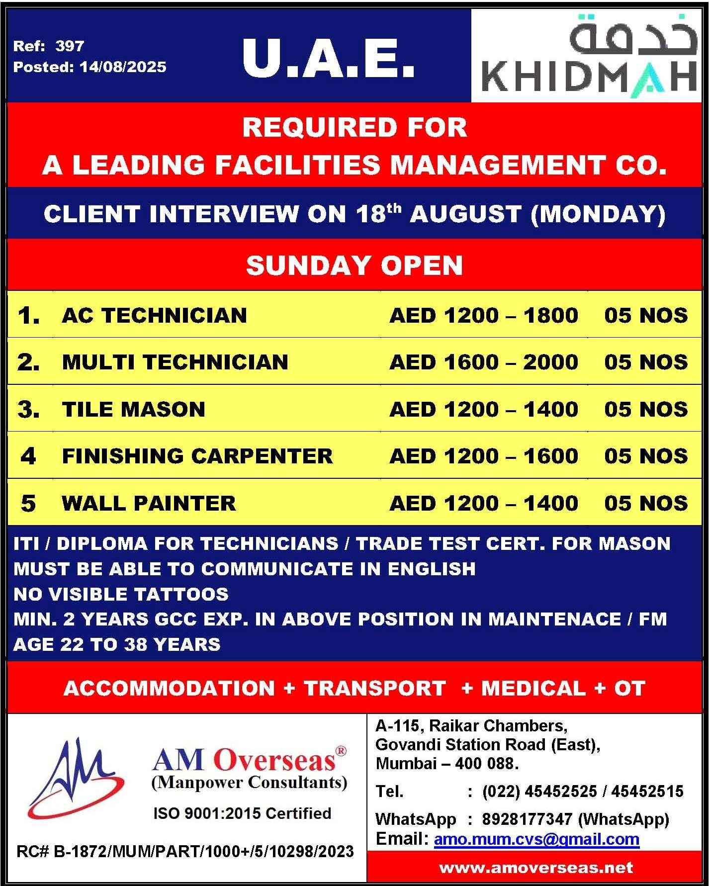 UAE - Hiring For leading facilities management company in the U.A.E. (Khidmah)