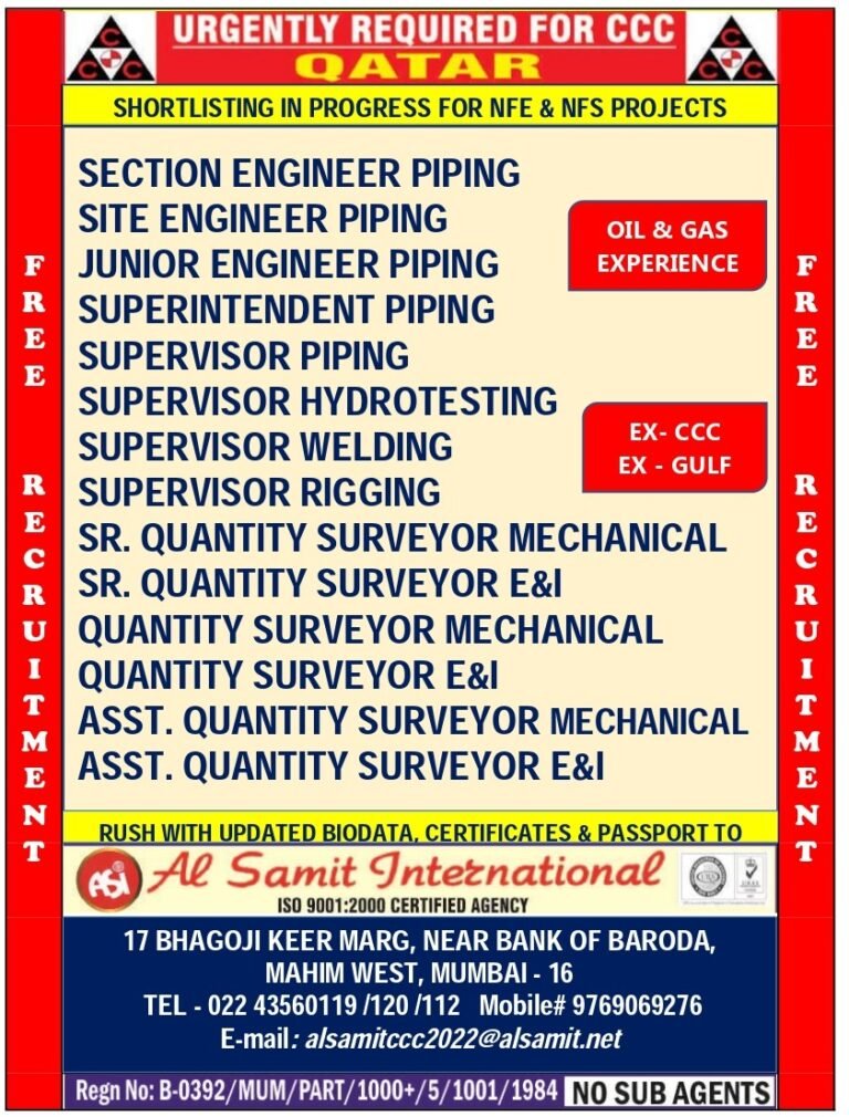Urgently Hiring for CCC Qatar - NFE & NFS projects