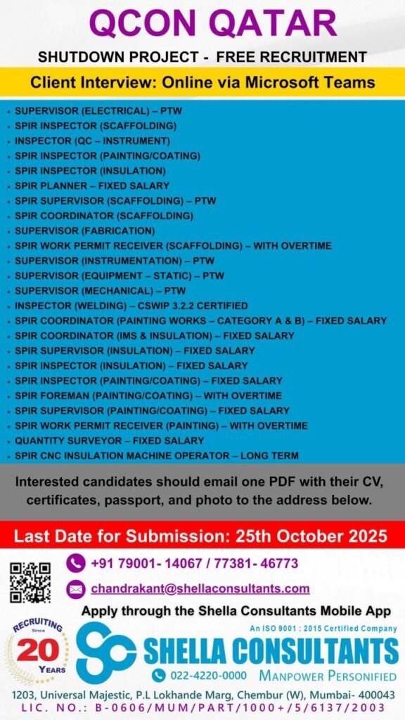 QCON Qatar Shutdown Project 2025 – Free Recruitment | Multiple Roles ...