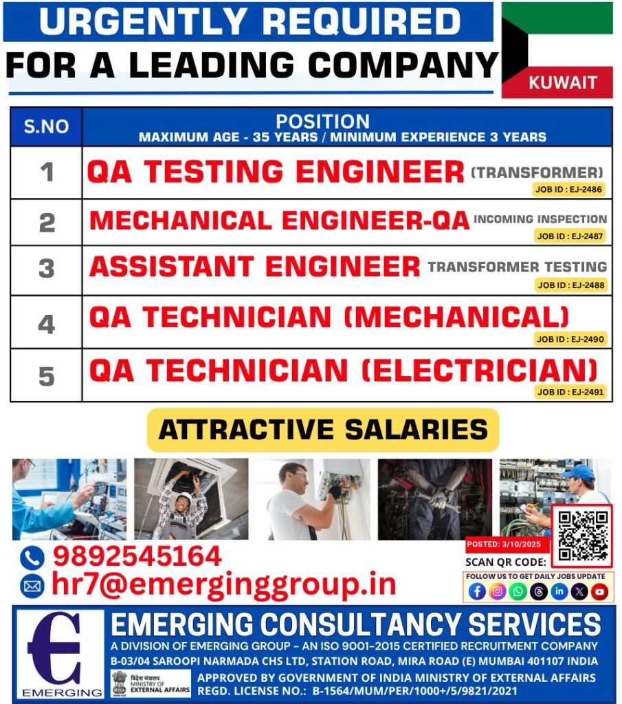 Urgent Job Openings in Kuwait Electrical & Mechanical (Transformers) Industry