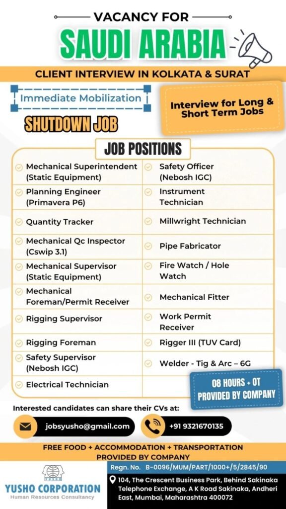 Urgent Saudi Arabia Shutdown Jobs | Long & Short Term Immediate ...