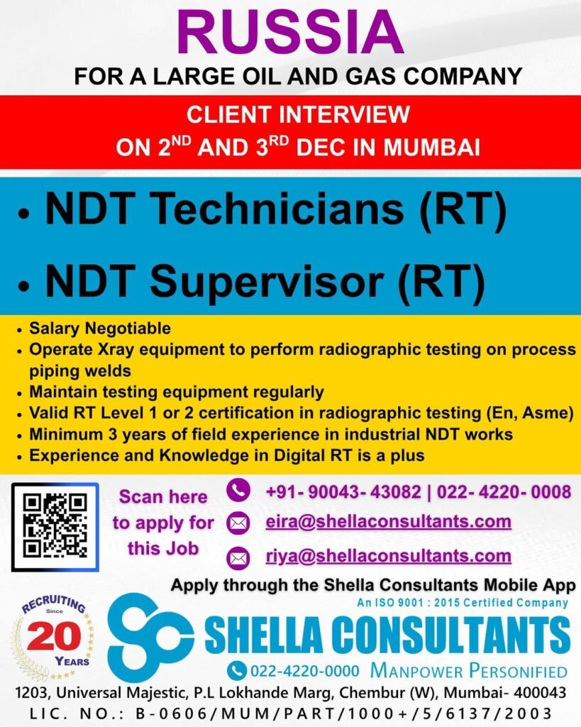 Urgent Hiring: NDT Technicians (RT) & NDT Supervisors (RT) for Russia ...