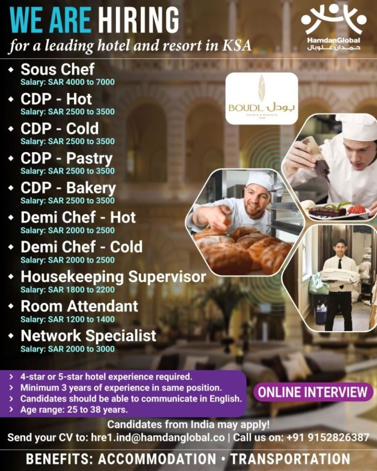 Hiring for BOUDL hotel and resort in Saudi Arabia - Online Interview