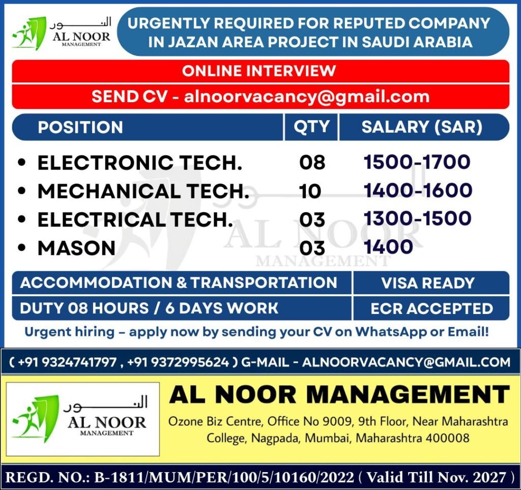 Hiring for Saudi Arabia – Jazan Project