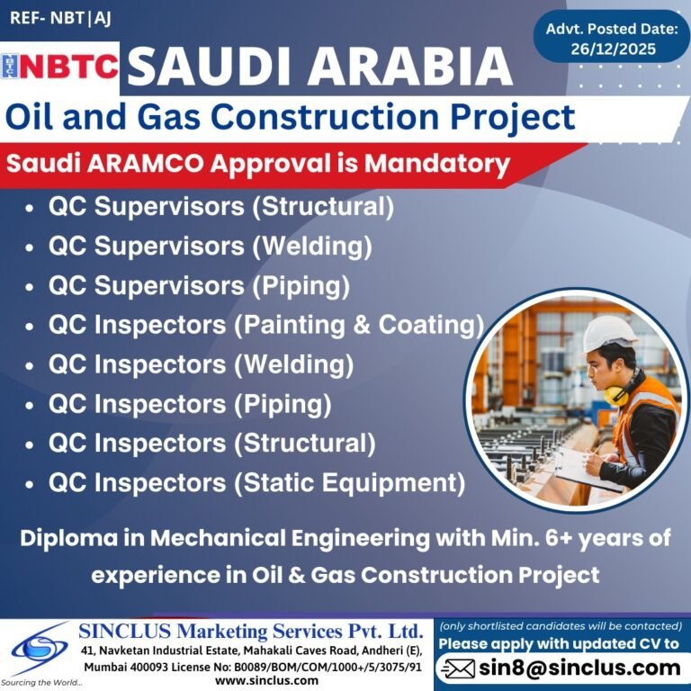 Urgent Jobs in Saudi Arabia: NBTC Oil & Gas Construction Project