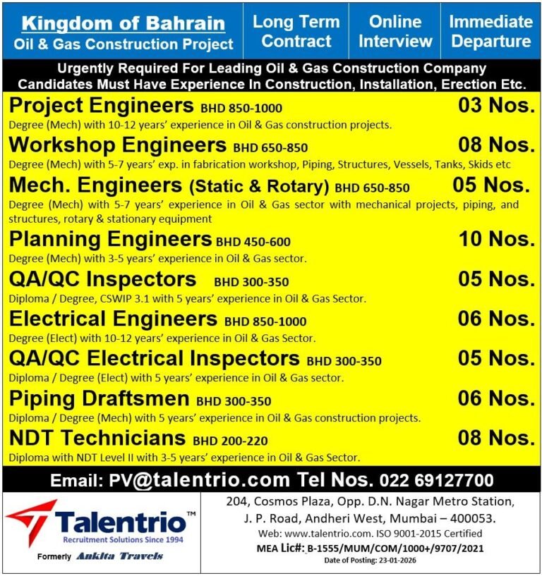 Urgent Bahrain Oil & Gas Construction Jobs 2026 – Appy Now