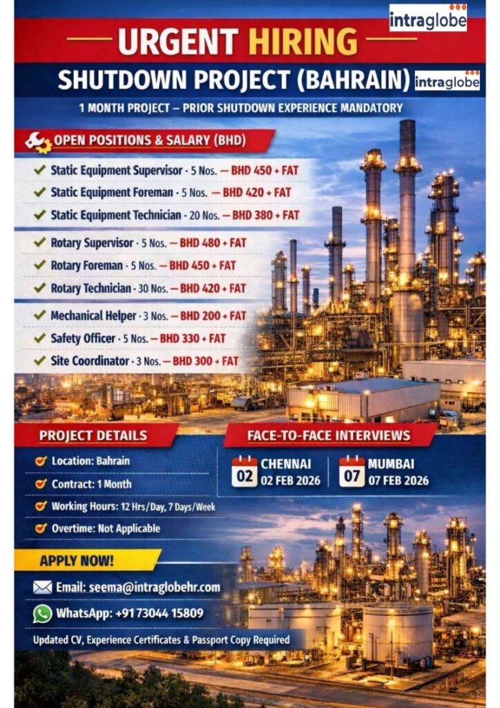 Urgent Hiring for Shutdown Project in Bahrain 2026 – Apply Now