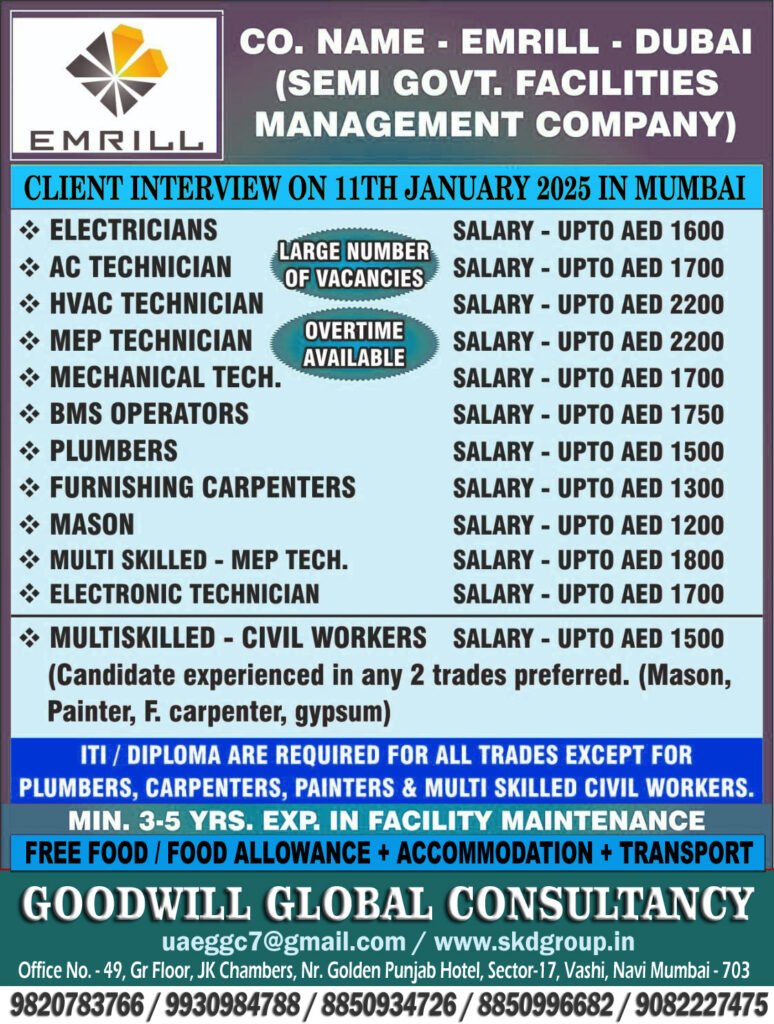 Dubai Jobs 2026: Emrill Semi-Govt Facilities Management – Large Vacancies