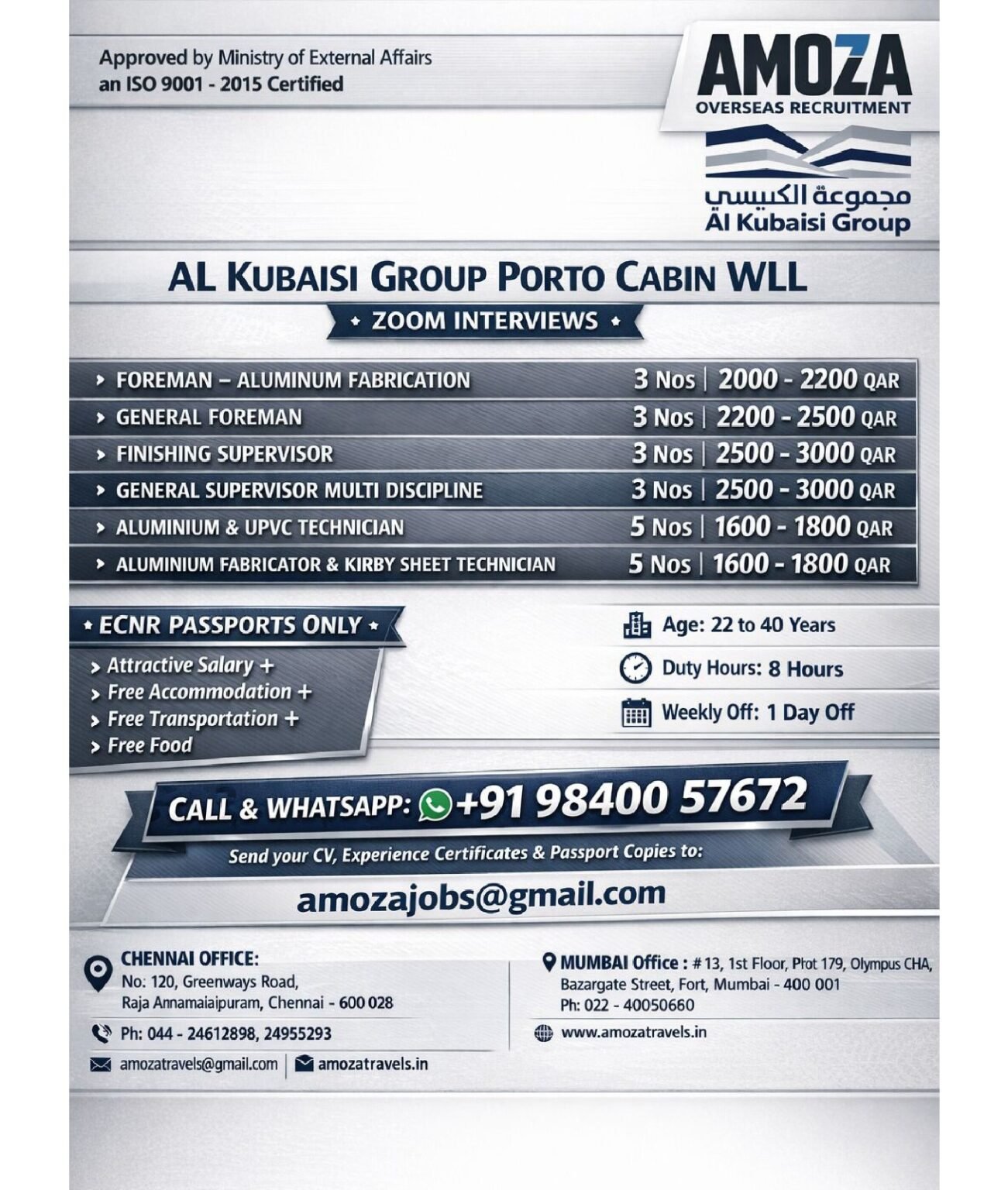 Qatar : Hiring For Al Kubaisi Group Porto Cabin WLL - Zoom Interviews
