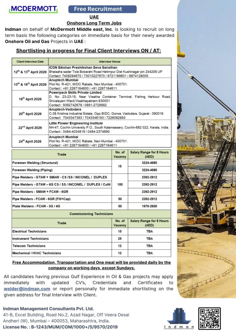 UAE Oil & Gas Jobs 2026 – McDermott Project | Free Recruitment