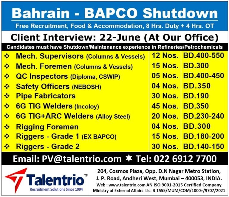 Bahrain BAPCO Shutdown Jobs 2026 – Free Recruitment