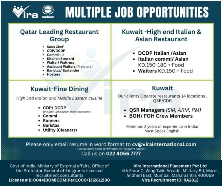 hiring for multiple roles across premier restaurants in Qatar and Kuwait.