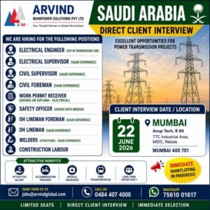 Immediate hiring for Saudi Arabia - Power Transmission Project