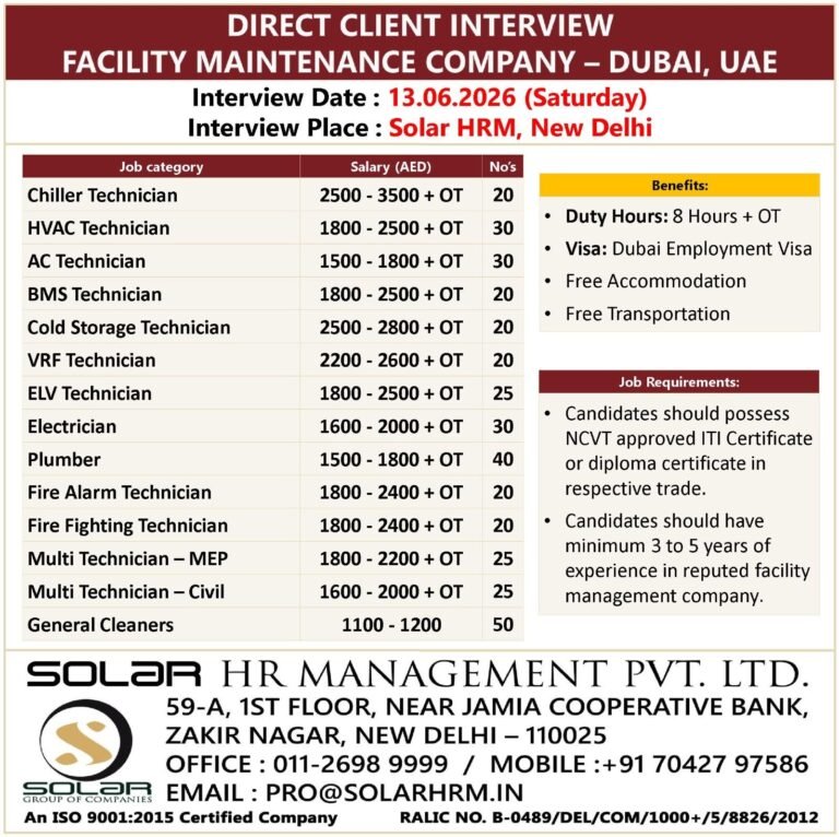 Dubai Facility Maintenance Jobs 2026 – Direct Client Interview