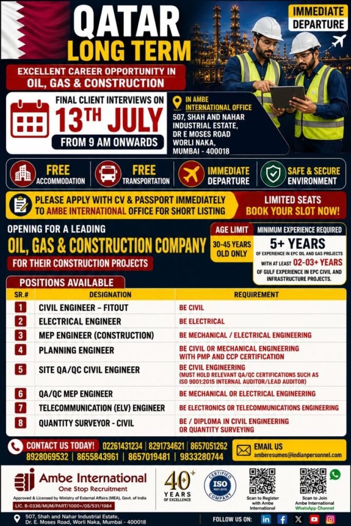 Qatar Long-Term Job Opportunities | Immediate Departure