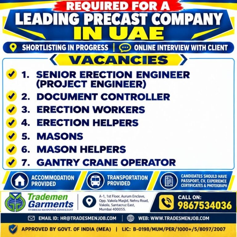 UAE Jobs 2026 – Recruitment For A leading precast company